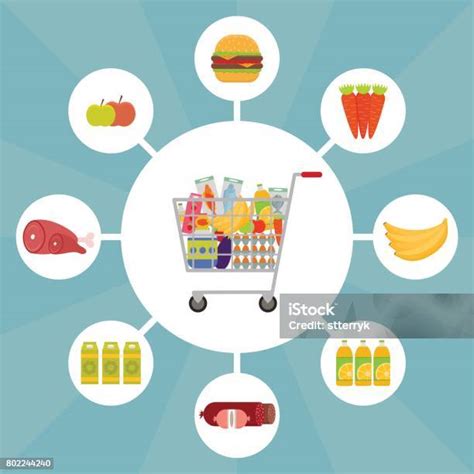음식과 음료 아이콘 전체 쇼핑 카트입니다 Eps10 벡터 일러스트 플랫 스타일입니다 가득 찬에 대한 스톡 벡터 아트 및 기타 이미지 가득 찬 가방 고기 Istock