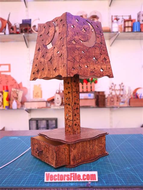 Laser Cut Wooden Table Lamp Unique Design Wooden Desk Lamp With Drawer