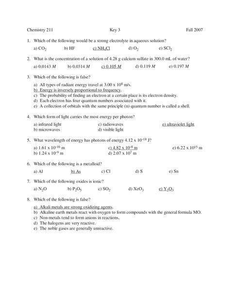 Exam 3 With Answer Key For Principles Of Chemistry I Chm 211 Docsity