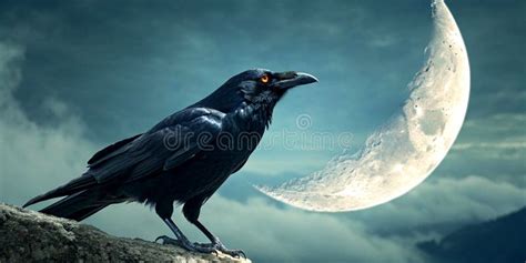 Raven Silhouette Perched Beneath Glowing Crescent Moon Stock