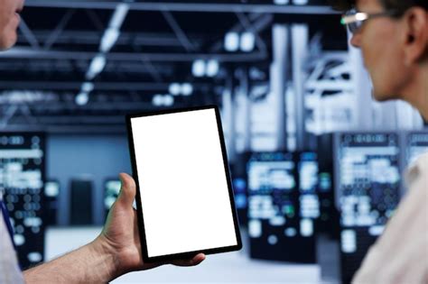 Premium Photo Computer Scientists Using Mock Up Tablet To Check Blade