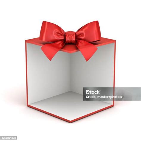 빈 빨간 선물 상자 배경 또는 빨간색 현재 박스와 레드 리본 활 그림자 3d 렌더링에 고립 된 흰색 배경 선물에 대한 스톡 사진