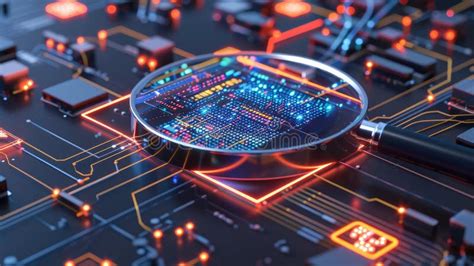A Magnifying Glass Rests On A Circuit Board Focusing On A Red Warning