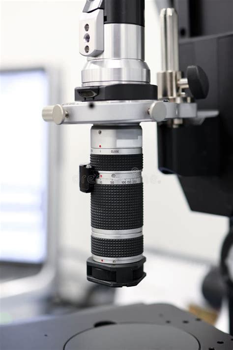 Close Up View Of Lens Of High Resolution Electronic Microscope Shallow Depth Of Field Stock