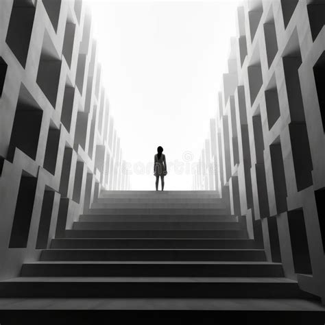 Smart Woman Ascending Modern Architectural Stairs Minimalist Concept