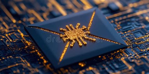 Glowing Microchip With Warning Symbol On Futuristic Circuit Board Stock Illustration