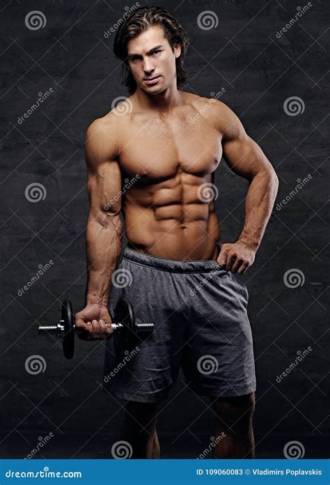 The Shirtless Abdominal Male Holds Dumbbell Stock Image Image Of