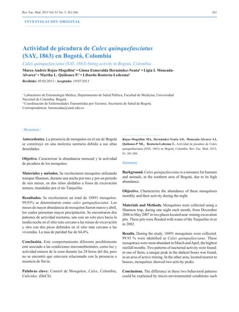 Pdf Culex Quinquefasciatus Say 1863 Biting Activity In Bogotá