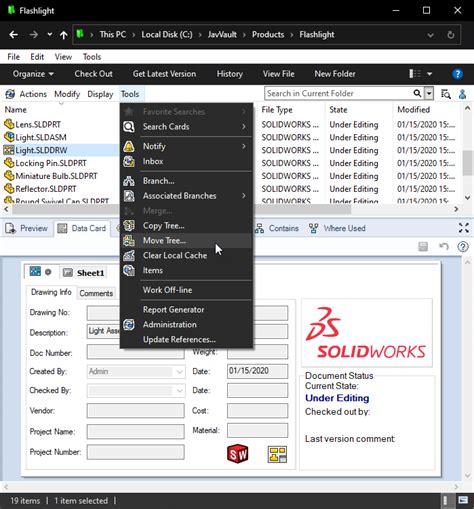 how to use the solidworks pdm professional move tree feature