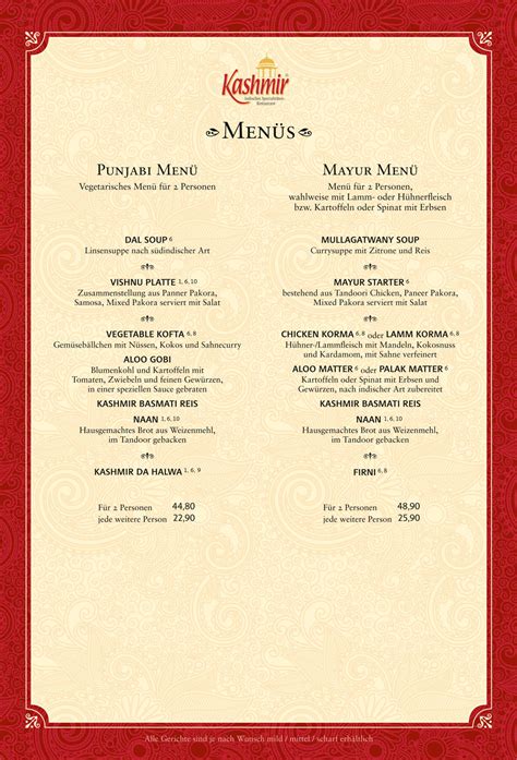 Speisekarte Kashmir Restaurant De