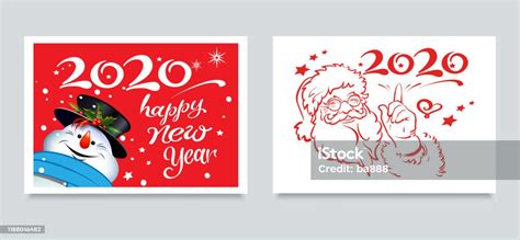 당신의 디자인을위한 크리스마스 카드 행복 한 산타 클로스와 빨간색에 메리 눈사람 두 귀여운 이미지 큰 캡션 2020 새해 복 야