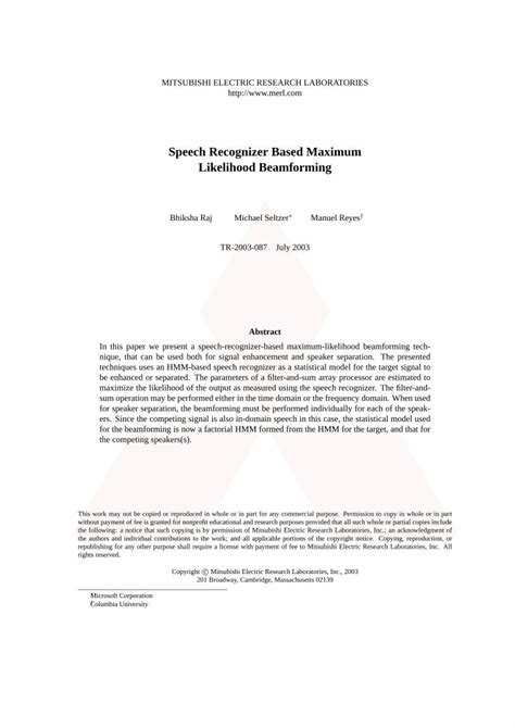 pdf mitsubishi electric research laboratories speech recognizer based