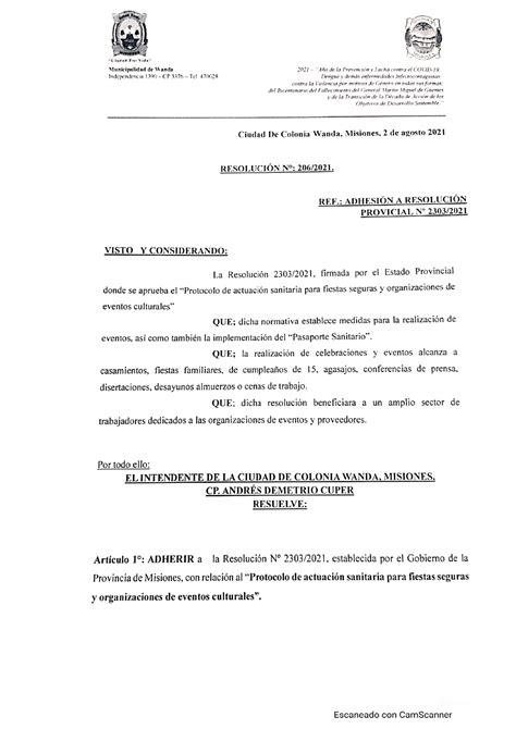 El Intendente De Wanda Andrés Cuper Adhirió Al Protocolo Sanitario