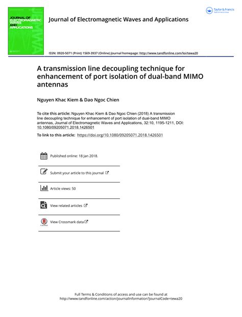 Pdf A Transmission Line Decoupling Technique For Enhancement Of Port Isolation Of Dual Band