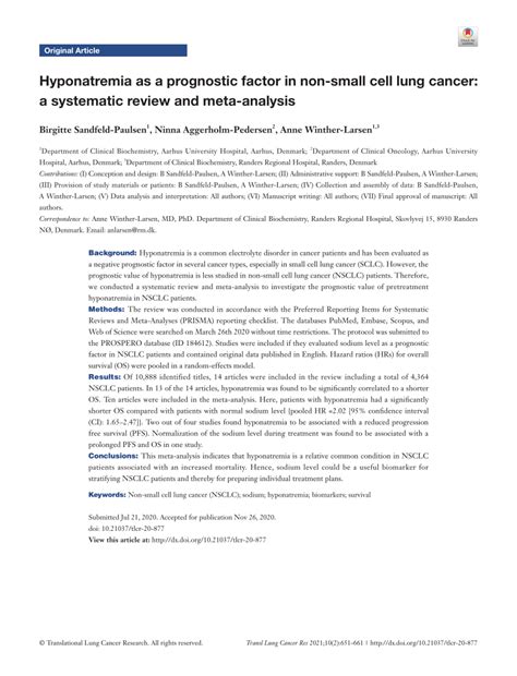 Pdf Hyponatremia As A Prognostic Factor In Non Small Cell Lung Cancer