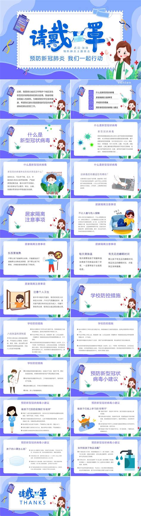 簡約卡通醫護藍色兒童預防新冠肺炎ppt模板字体 兒童節ppt模板免费字体下载在线转换 道格办公