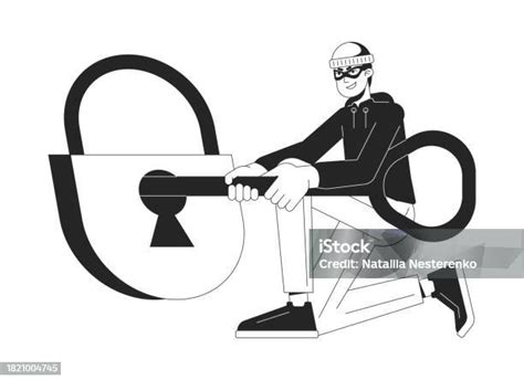 열쇠로 자물쇠를 잠금 해제 Bw 개념 벡터 스폿 그림 마스크를 쓴 해커가 웹 Ui 디자인을 위해 2d 만화 플랫 라인 단색 캐릭터를 잠금 해제하려고 합니다 편집 가능한