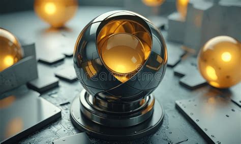 Metallic Sphere With Reflective Surface Sits On Black Base Surrounded