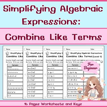 Simplifying Algebraic Expressions: Combine Like Terms Worksheet For Beginner