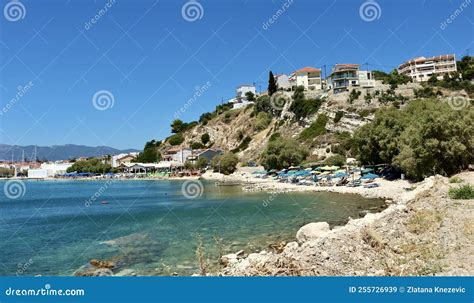 Icarian Sea And The Coastal Town Pythagorio In Samoos Greece Stock