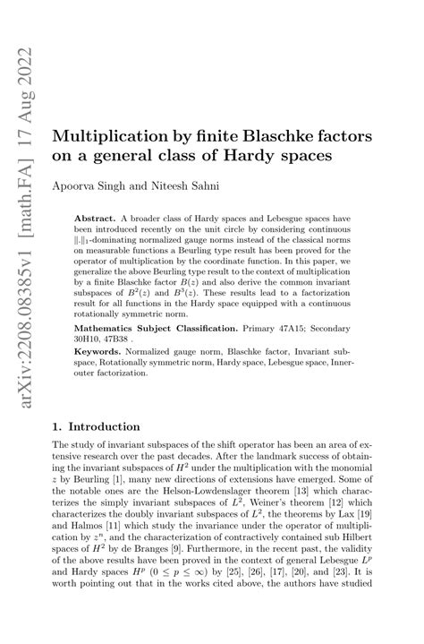 Pdf Multiplication By Finite Blaschke Factors On A General Class Of