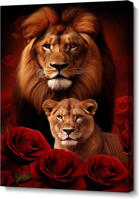 Asdg76s Lion Canvas Wall Art Lion And Lioness Decor Red Rose Flower