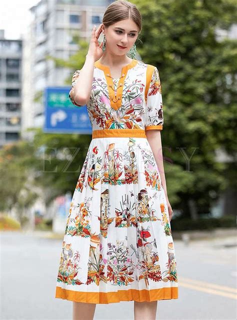 V Neck Floral High Waisted Pleated Midi Dress Pleated Midi Dress