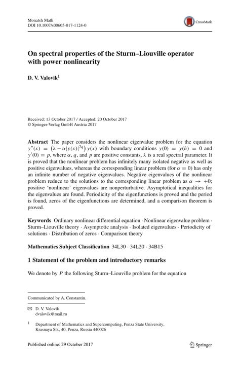 Pdf On Spectral Properties Of The Sturm Liouville Operator With Power Nonlinearity