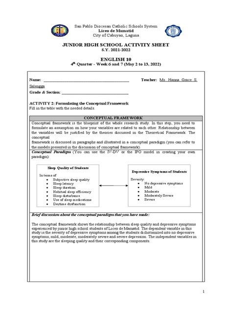 English 10 Formulating The Conceptual Framework Activity Pdf Sleep Psychology