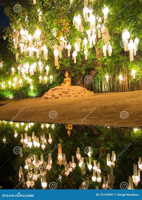 Lone Golden Buddha Sitting In The Lotus Position Under A Large Tree Stock Image Image Of Lanna