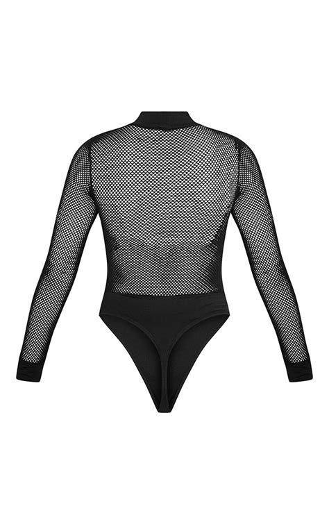 Black Long Sleeve Fishnet High Neck Bodysuit | PrettyLittleThing