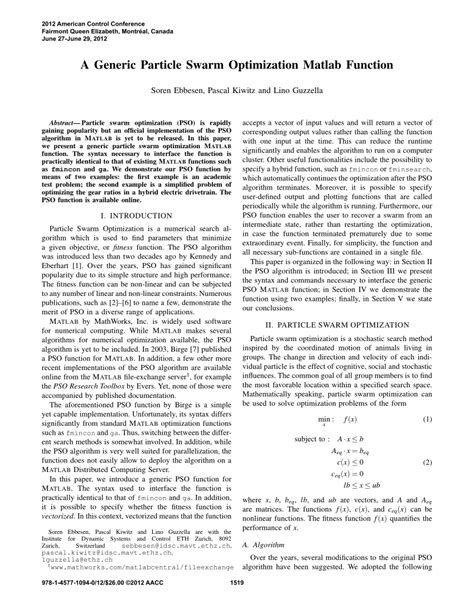 PDF A Generic Particle Swarm Optimization Matlab Function
