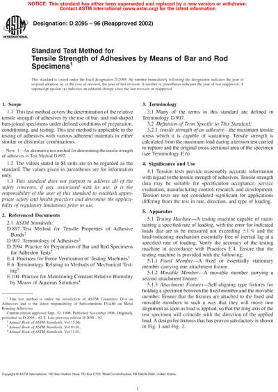 ASTM D2095 96 2002 Standard Test Method For Tensile Strength Of Adhesives By Means Of Bar And