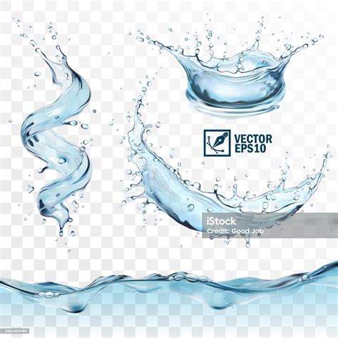 현실적인 투명 고립 된 벡터 세트 물방울과 함께 물방울 나선형 왕관 및 원의 형태로 떨어지는 물의 물방울 거품과 파도 물에 대한 스톡 벡터 아트 및 기타 이미지 Istock