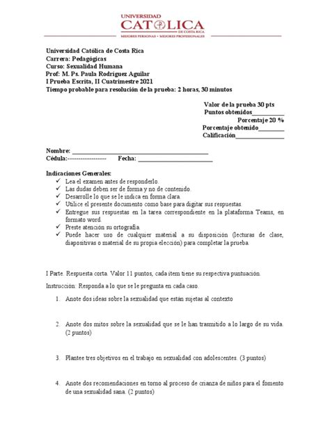 Examen Sexualidad Humana Pdf La Sexualidad Humana Prueba Evaluación