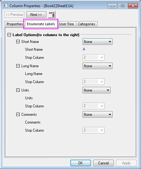 Help Online Origin Help The Column Propertiesenumerate Labels Tab