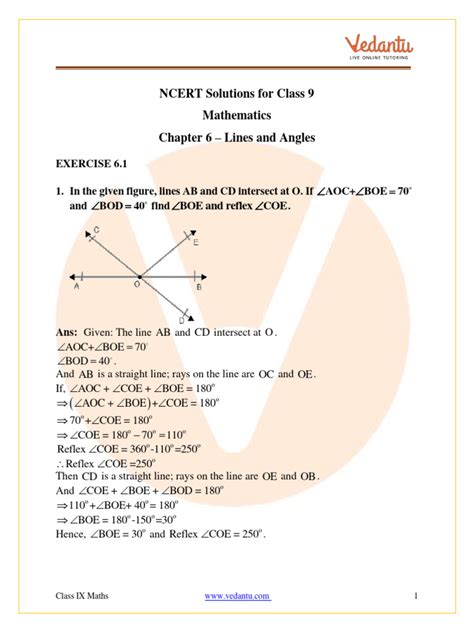 Ncert Solutions Class 9 Maths Exercise 6 1 Chapter 6 Lines And Angles Pdf Triangle