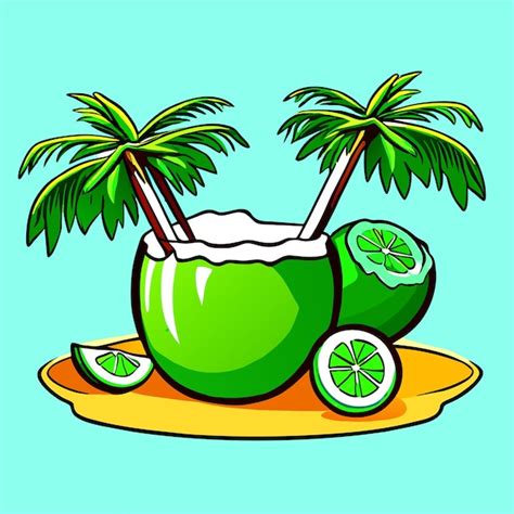 Premium Vector Green Coconut Cocktails With Summer Beach