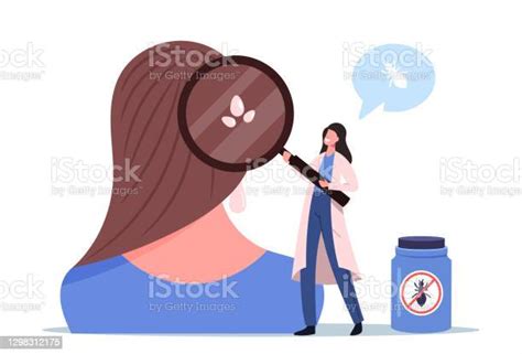 병다증 질환 위생 개념 거대한 여성 머리에 루즈 계란을 제시 돋보기와 메딕 이가 약물 기생충 이에 대한 스톡 벡터 아트 및 기타