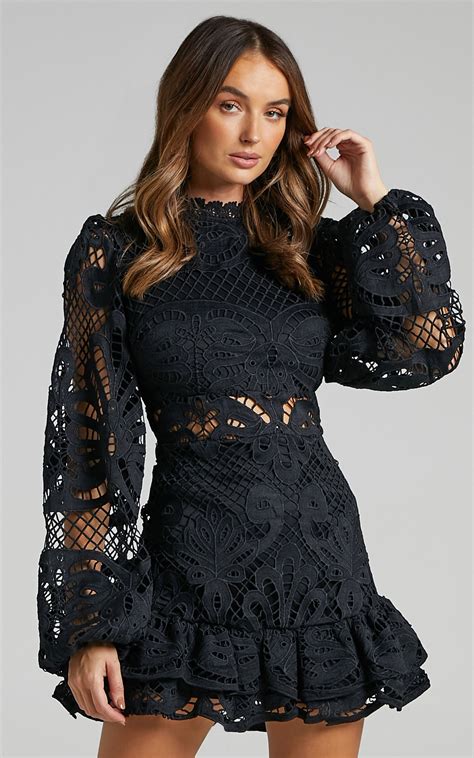 Kiss Me Now Dress In Black Lace Showpo Puffed Sleeves Dress Long