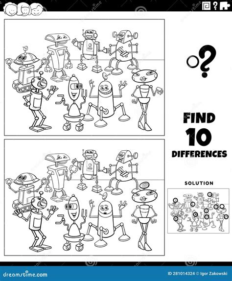 Differences Activity With Cartoon Robots Coloring Page Stock Vector