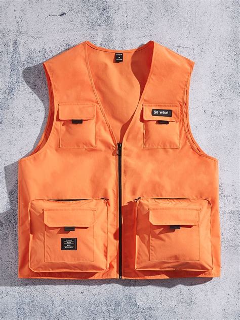 Men Letter Patched Zip Up Pocket Front Vest Jacket Chalecos Ropa De