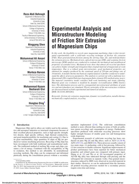 Pdf Experimental Analysis And Microstructure Modeling Of Friction Stir Extrusion Of Magnesium