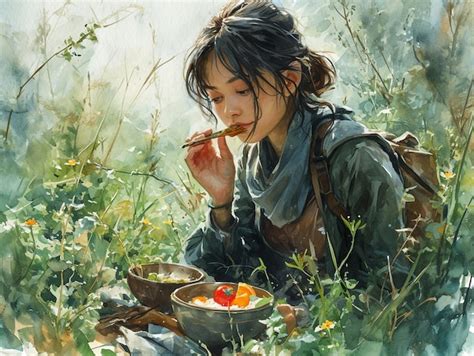 Premium Photo A Female Asian Adventurer Eating Out Of A Bento Box