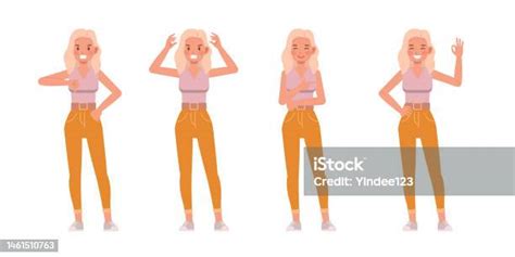 여성 라이프 스타일 세트는 분홍색 셔츠 컬러 캐릭터 벡터 디자인을 착용합니다 감정 달리기 서기 및 걷기로 다양한 행동으로 프레젠테이션 건강한 생활방식에 대한 스톡 벡터 아트