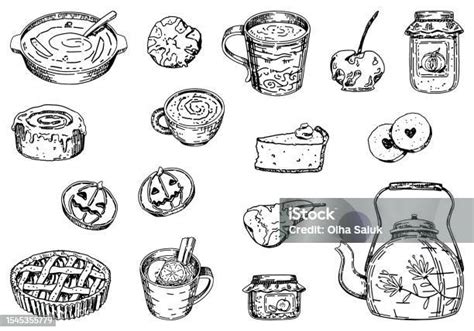 가을 음식 음료의 클립 아트 세트를 설명합니다 아늑한 음료 수제 베이커리 베리 잼 쿠키 구운 사과 및 배의 낙서 손으로 그린 벡터 삽화 모음은 흰색으로 분리되어 있습니다