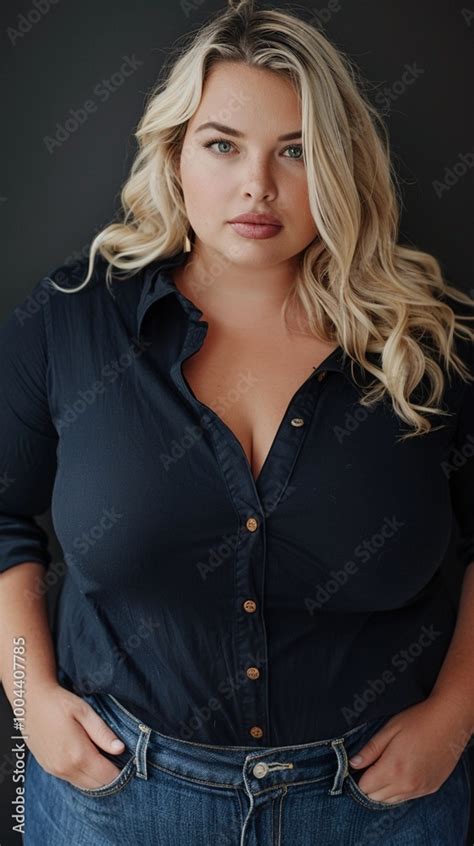 Confident Plus Size Model With Flowing Blonde Hair Poses In Navy Button