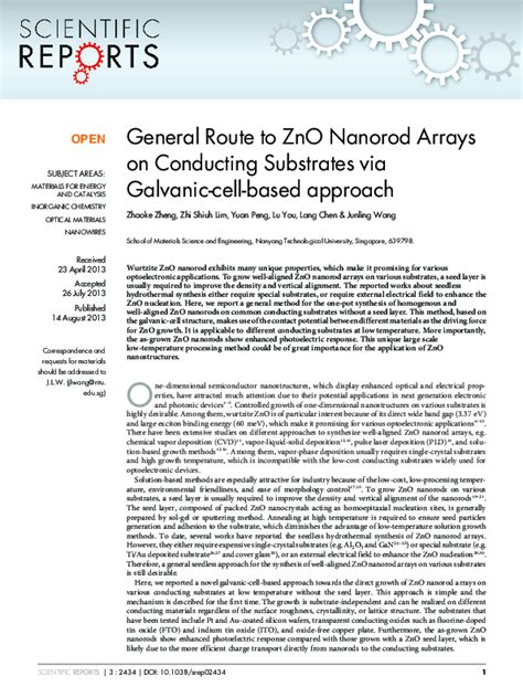 Pdf General Route To Zno Nanorod Arrays On Conducting Substrates Via Galvanic Cell Based Approach
