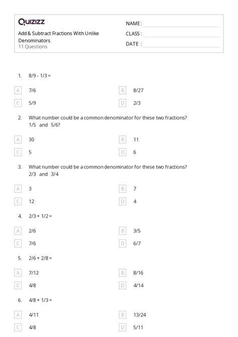 50 Adding Fractions With Unlike Denominators Worksheets For 8th Grade