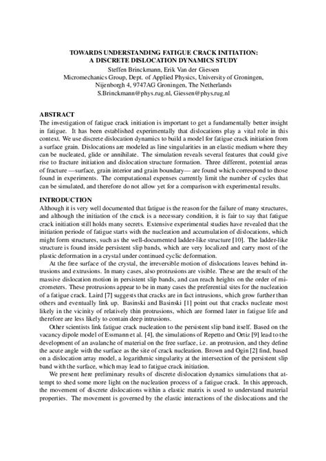 Pdf Towards Understanding Fatigue Crack Initiation A Discrete